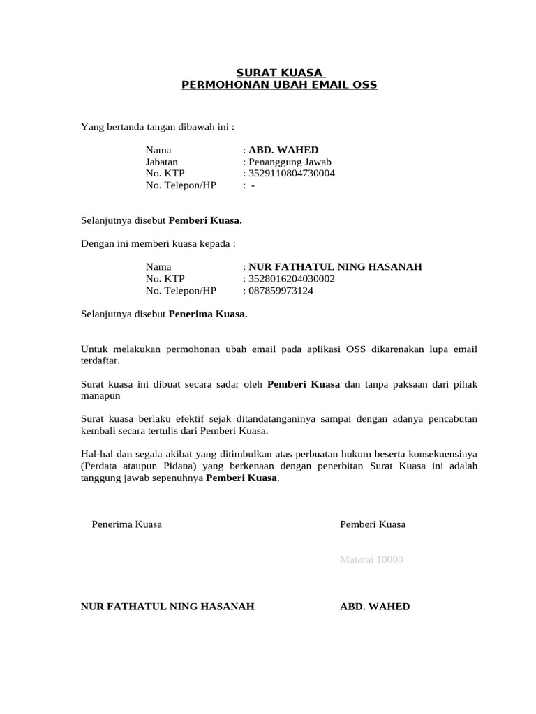 Surat Kuasa Ganti Email Oss | PDF