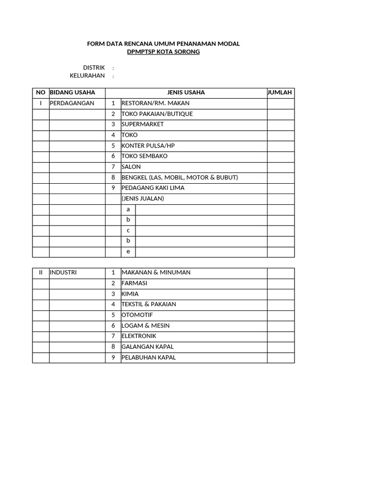 FORM DAFTAR BIDANG DAN JENIS USAHA | PDF