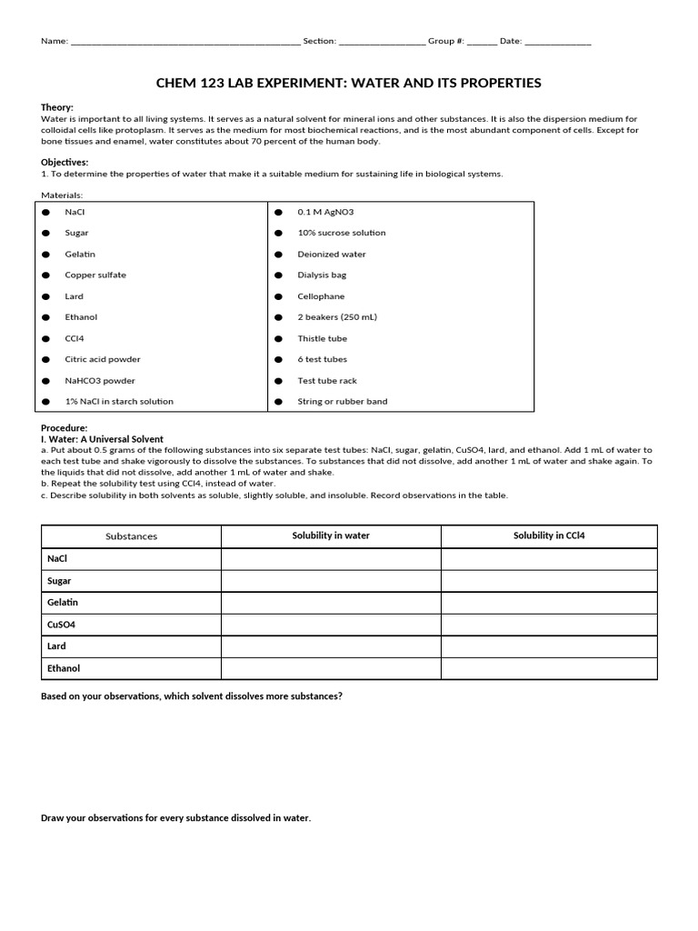 EXP 1 Water and Its Properties | PDF | Solubility | Water