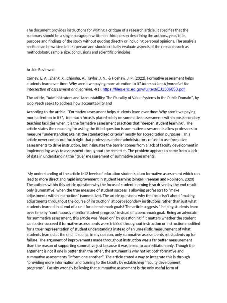 Formative or Summative Assessment Journal Article Review | PDF