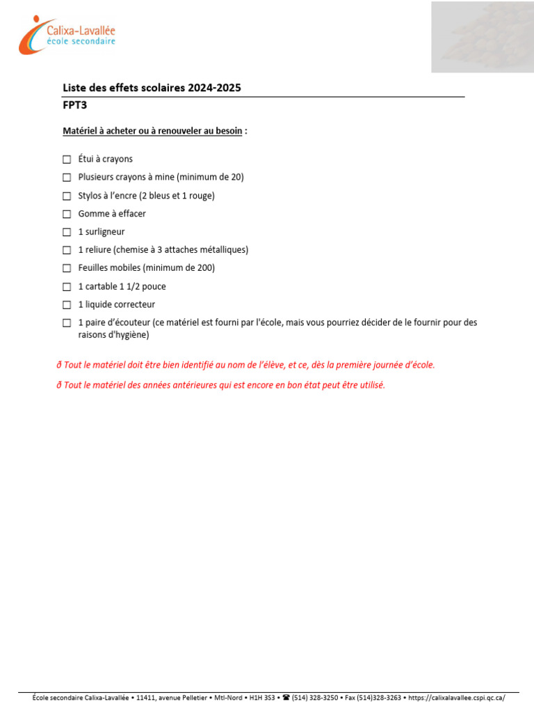 Httpscalixalavallee - Csspi.caimageseffets20scolaire2024 25liste20de20materiel FPT3 PDF | PDF