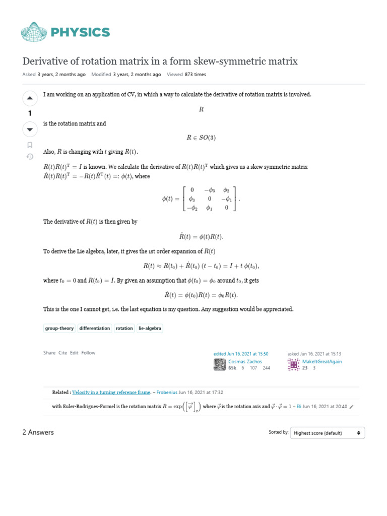 Group Theory - Derivative of Rotation Matrix in A Form Skew-Symmetric Matrix - Physics Stack ...