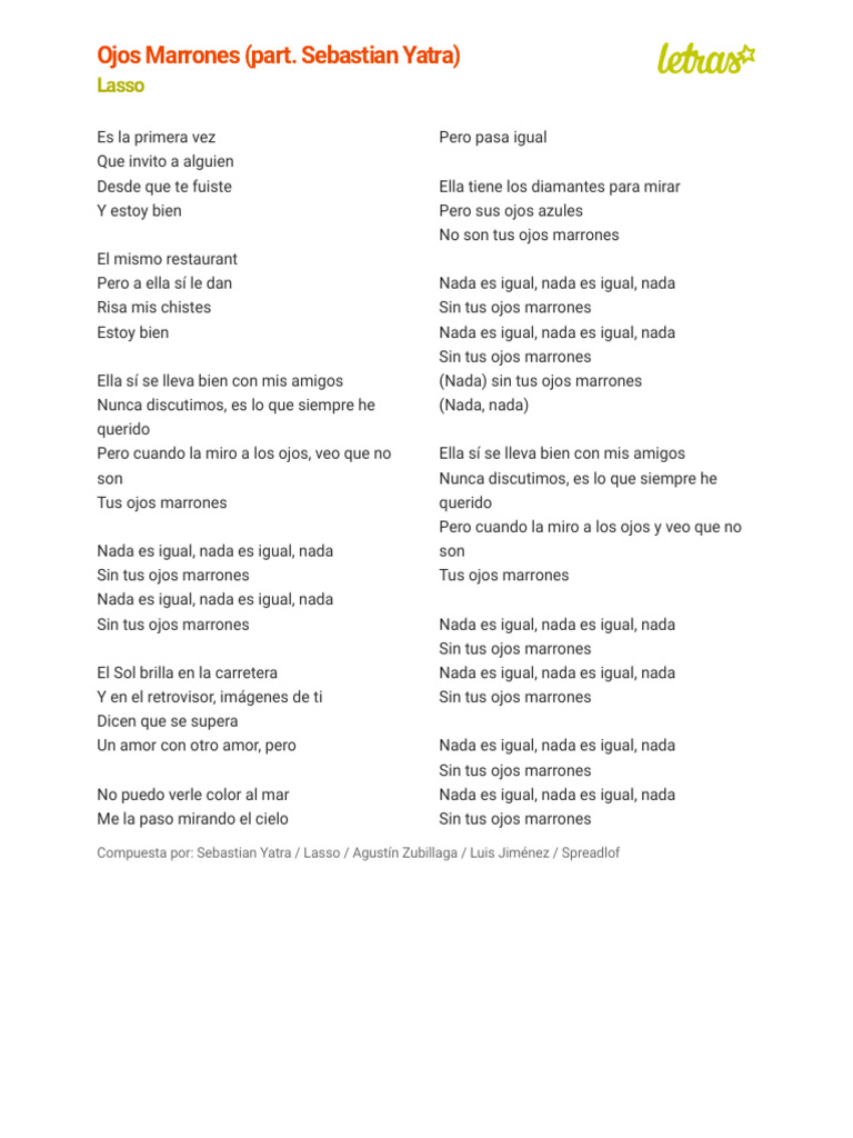 OJOS MARRONES (PART. SEBASTIAN YATRA) - Lasso (Impresión) | PDF
