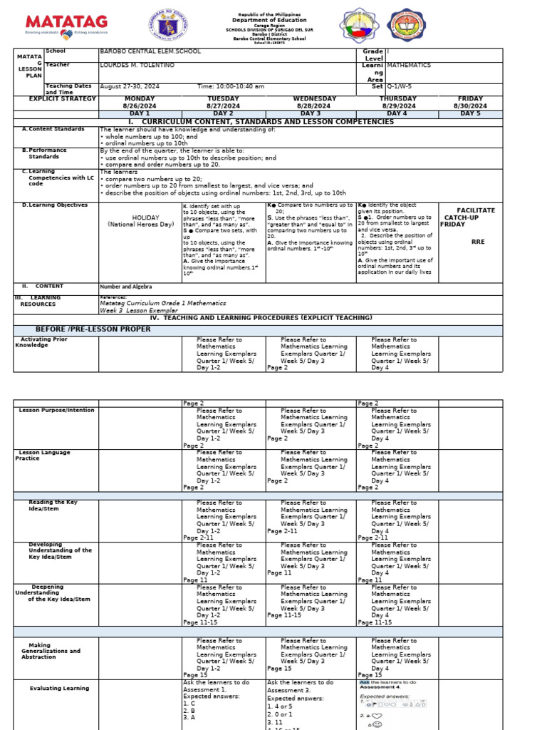 Matatag Dll Math- q1 Week 5 | PDF