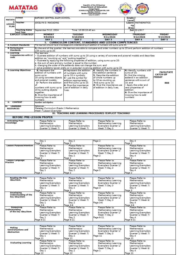 Matatag DLL Math - q1 Week 7 | PDF