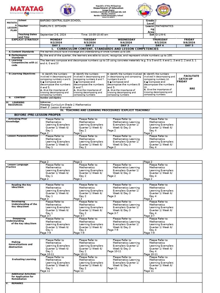 Matatag Dll Math- q1 Week 6 | PDF