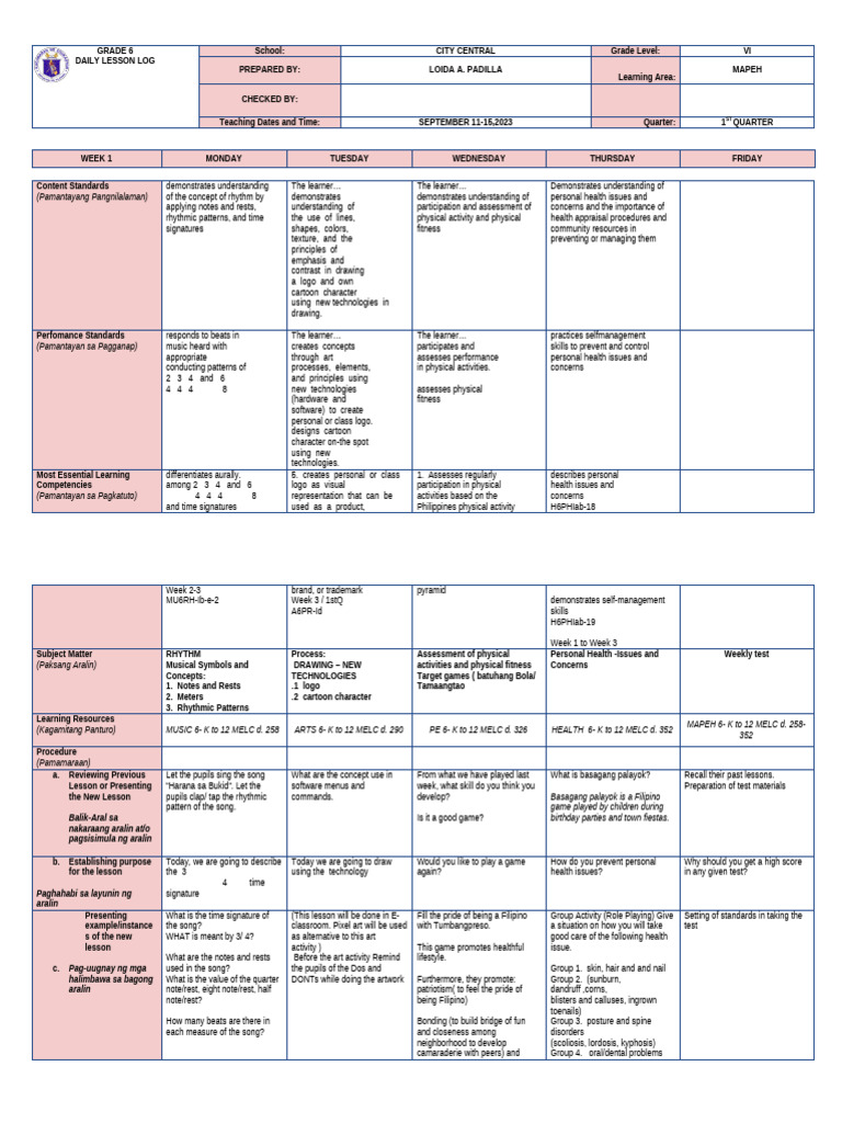 DLL-MAPEH Q1 - Week 3 | PDF