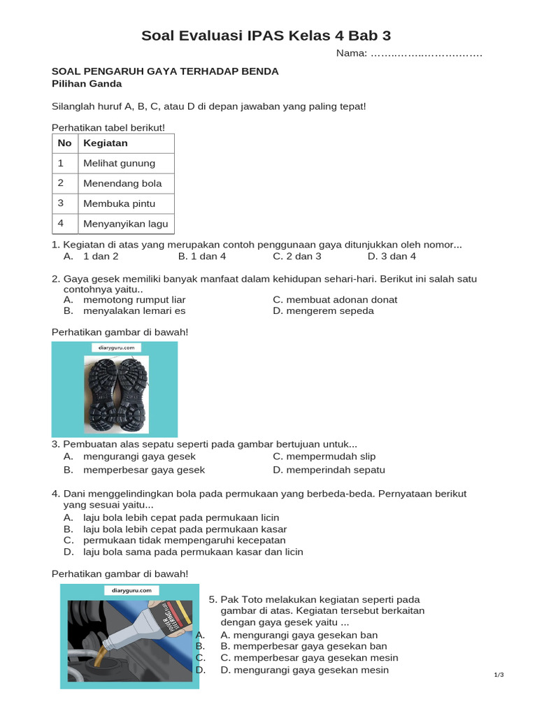 Soal IPAS Kelas 4 Bab 3 Pengaruh Gaya Terhadap Benda | PDF