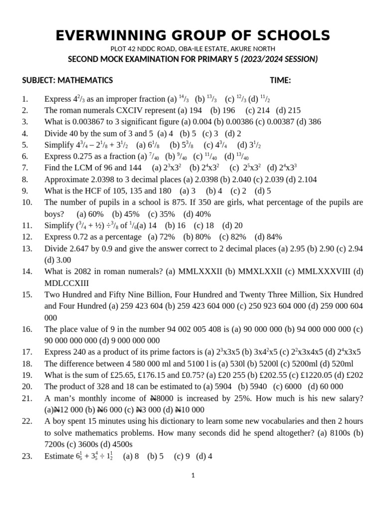 Pri 5 Mock II Mathematics | PDF