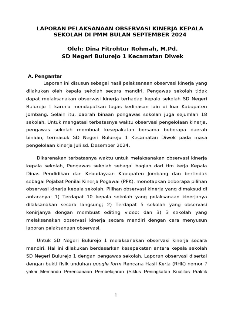 Diwek - Dina Fitrohtur Rohmah - SD Negeri Bulurejo 1 - Laporan Observasi Catatan Mandiri | PDF