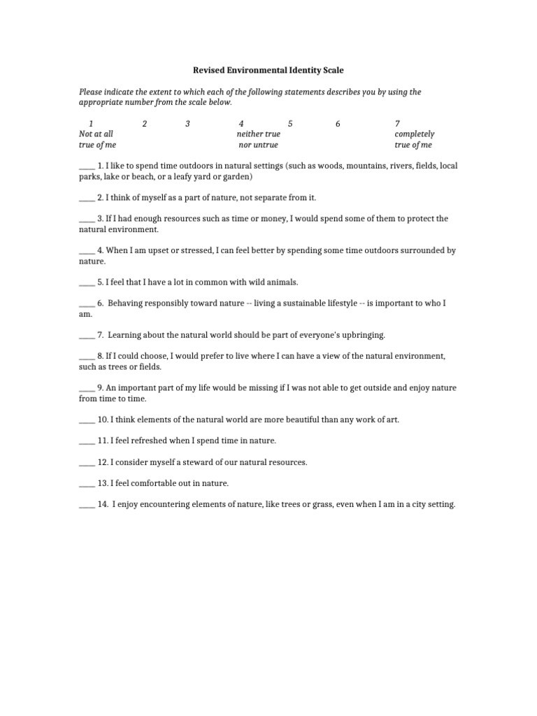Nature Enthusiast Self-Assessment | PDF | Wellness