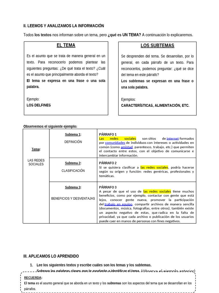 Ficha Analizamos Textos 1 El Tema y Los Subtemas CATTY Q. | PDF