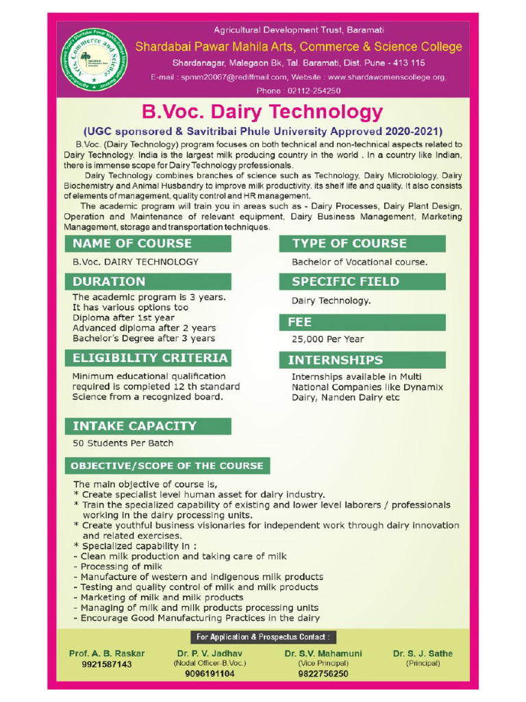 Admissions of B. Voc. Dairy Technology | PDF