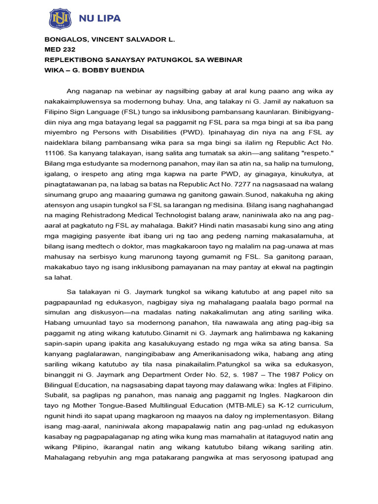 Bongalos (Replektibong Sanaysay) | PDF