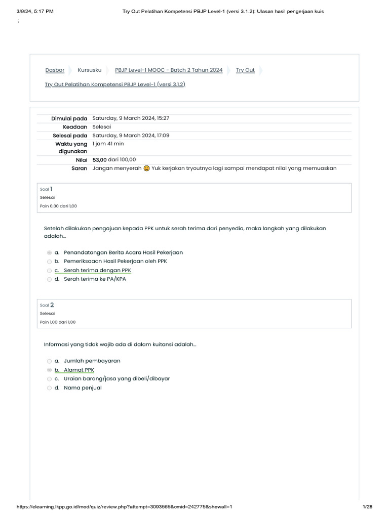 Try Out Pelatihan Kompetensi PBJP Level-1 (Versi 3.1.2) - Ulasan Hasil Pengerjaan Kuis | PDF