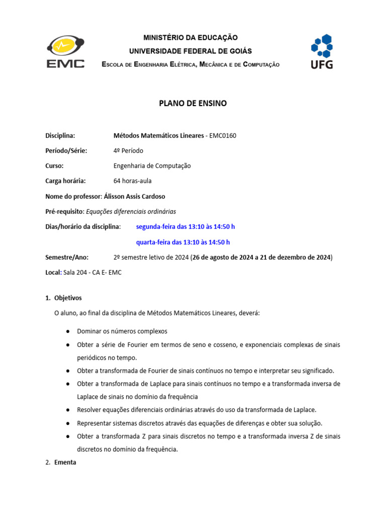 PlanoDeEnsino Computacao MetodosMatematicosLineares Alisson | PDF