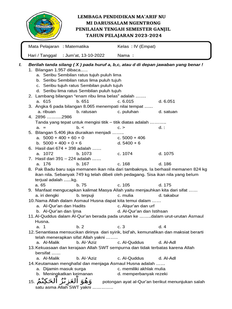 Soal MTK Kelas 4 PTS Ganjil 2023-2024 | PDF