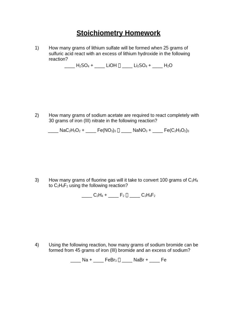 (HON-GEN) Stoichiometry Homework No Key | PDF