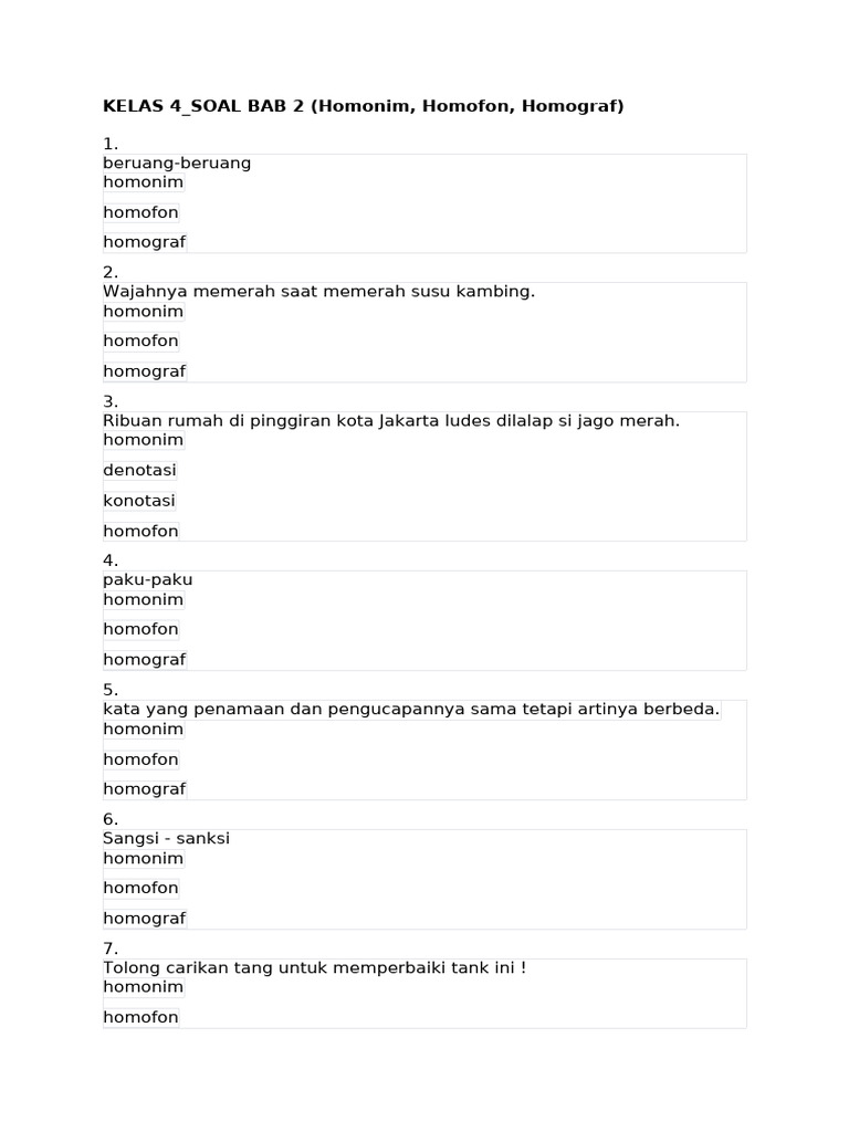 KELAS 4 - SOAL BAB 2 HOMONIM HOMOFON HOMOGRAF (Kamis, 5 Sep 2024) | PDF