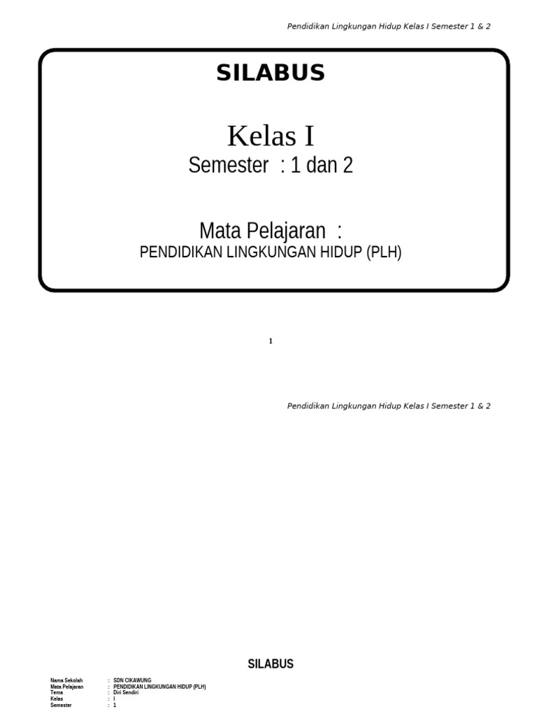 Silabus PLH Kls 1 | PDF