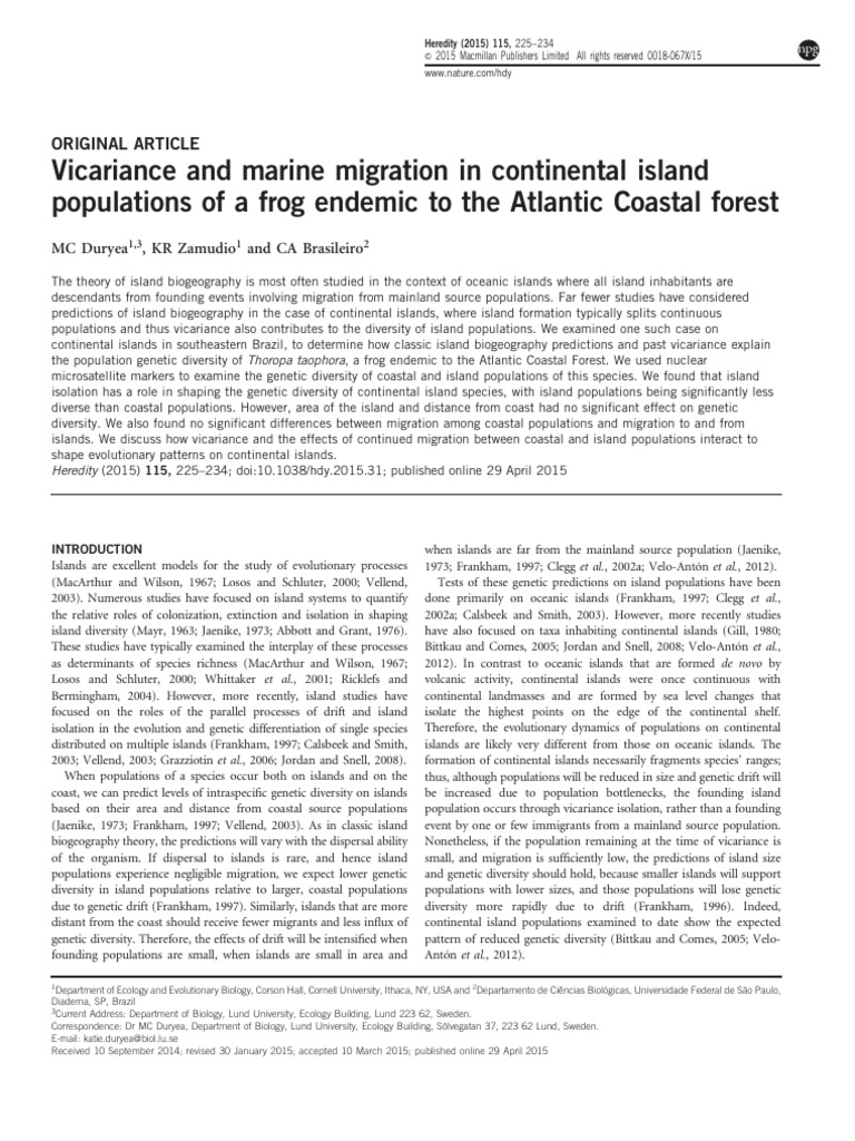 Vicariance and Marine Migration in Continental Island | PDF