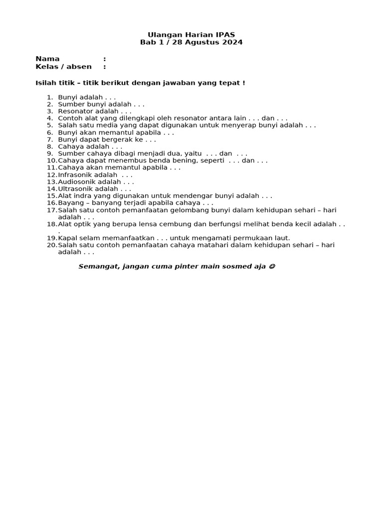 UH IPAS Bab 1 Kelas 5 Kumer | PDF