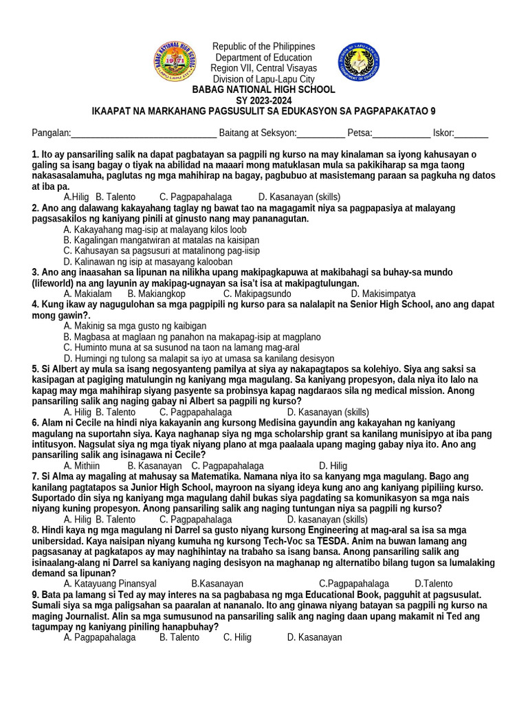 Esp 9 Fourth Quarter Test | PDF