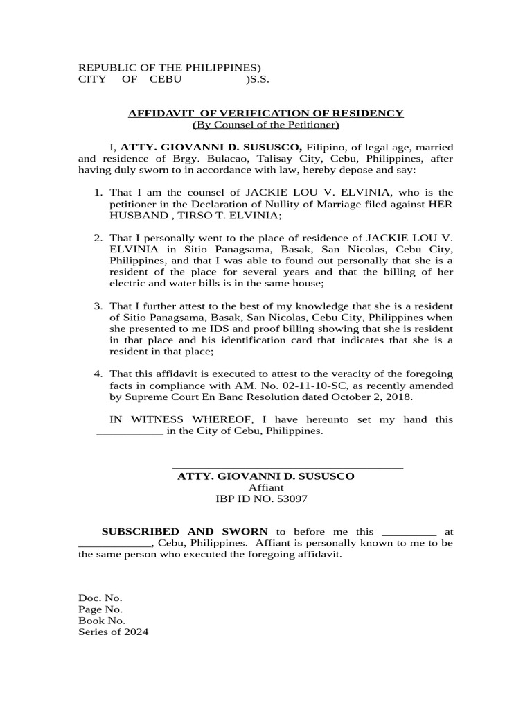 Affidavit of Verification of Residency Gio Mambaking | PDF