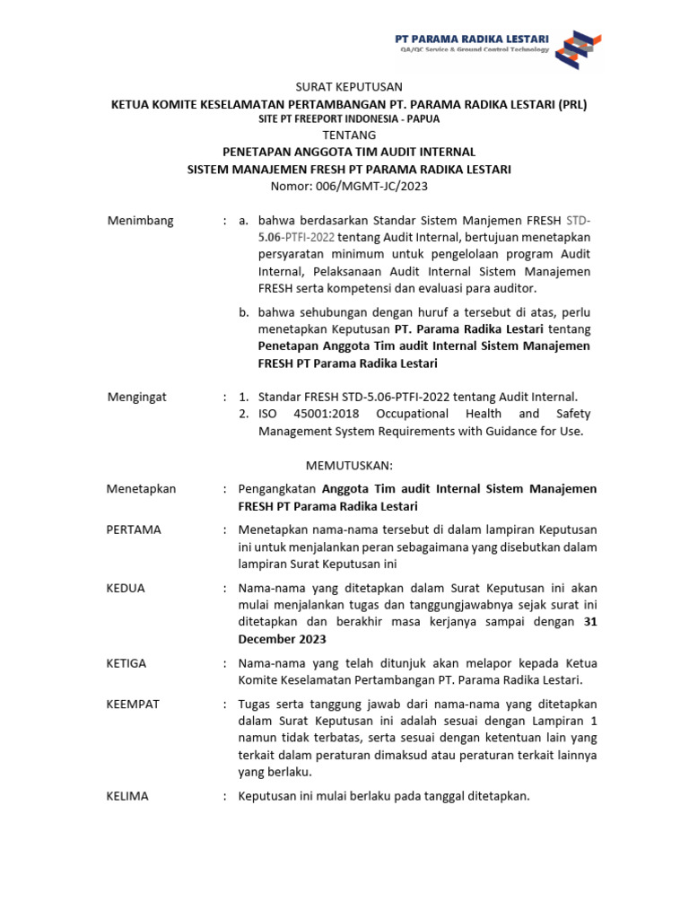 006-2023 SK Penetapan Anggota Tim Audit Internal Sistem Manajemen FRESH TBT PTFI - PT. PRL | PDF