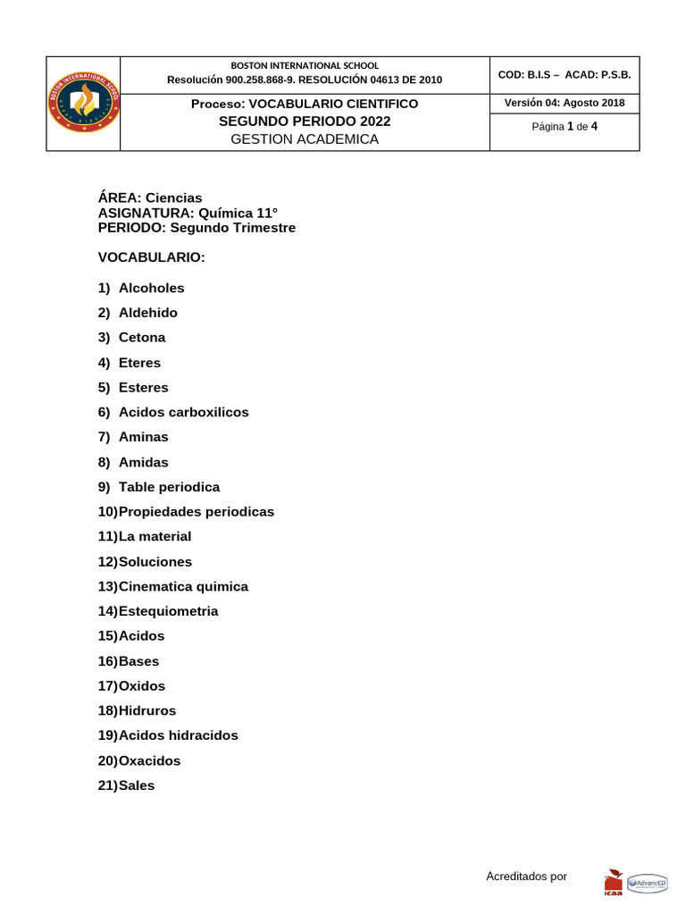 VOCABULARIO QUIMICA 11 Grado II Trimestre | PDF