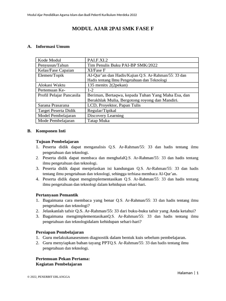 Modul Ajar 2 Pai SMK Kelas Xi Bab 2 - Oke | PDF