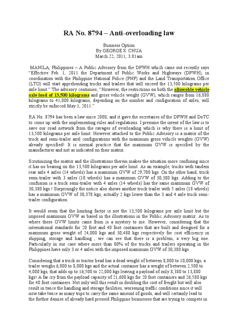 RA No 8794 | PDF | Cargo | Semi Trailer Truck
