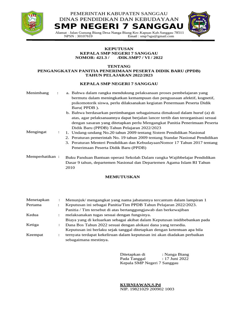 SK PPDB SMPN 7 SGU 2022-2023 | PDF