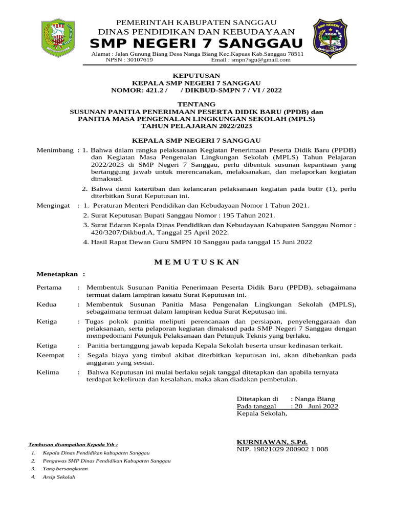 SK PPDB SMPN 7 Sgu 2022-2023.revisi | PDF