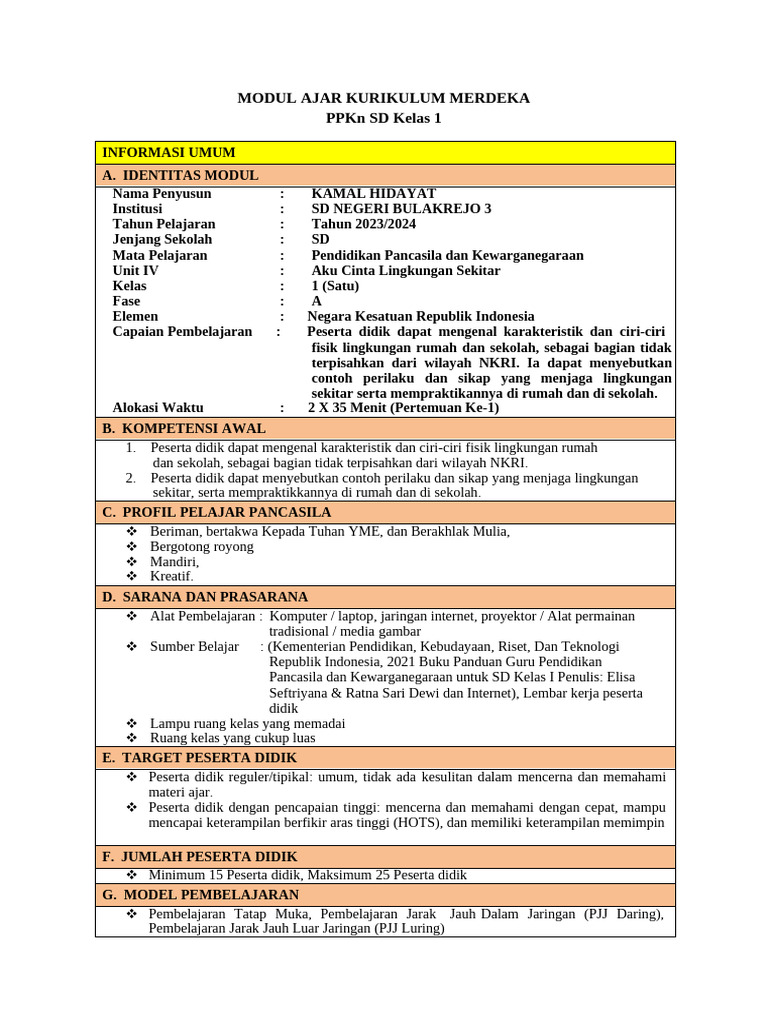 Modul Ajar PKN Kelas 1 | PDF