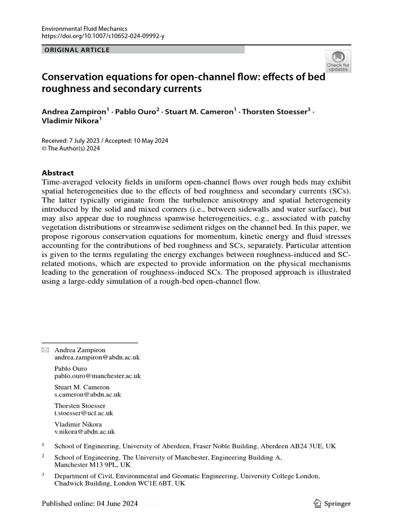 Conservation Equations For Open Channel Flow: Effects of Bed Roughness and Secondary Currents | PDF