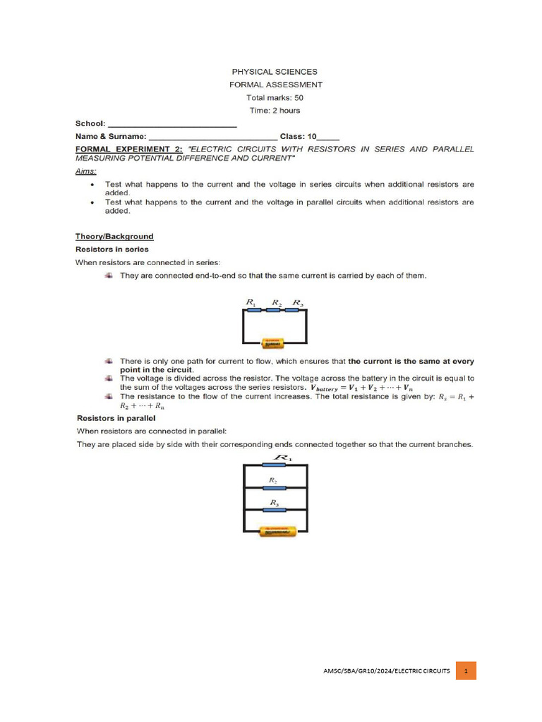 Formal Assessment Grade 10 - Electric Circuits | PDF | Series And ...
