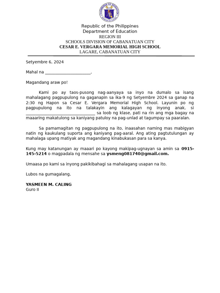 Liham Paanyaya Sa Magulang | PDF