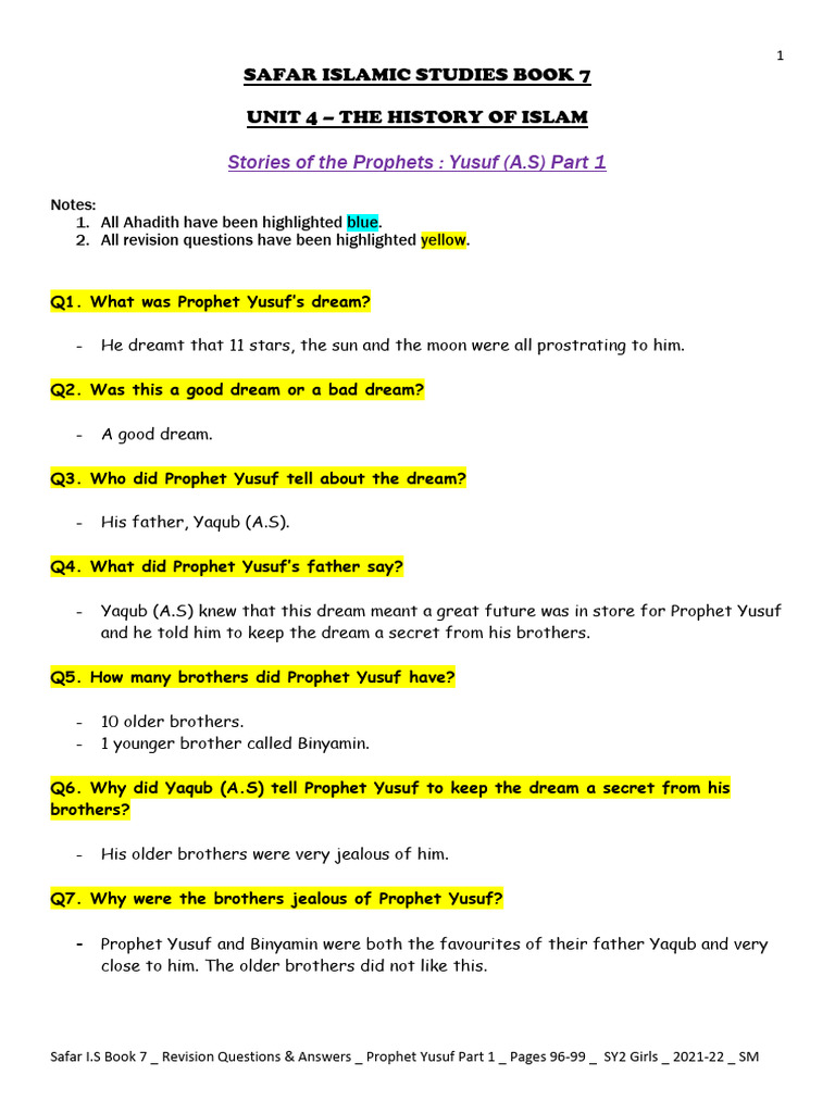 Story of Prophet Yusuf Part 1 - SM | PDF | Muhammad | Travel