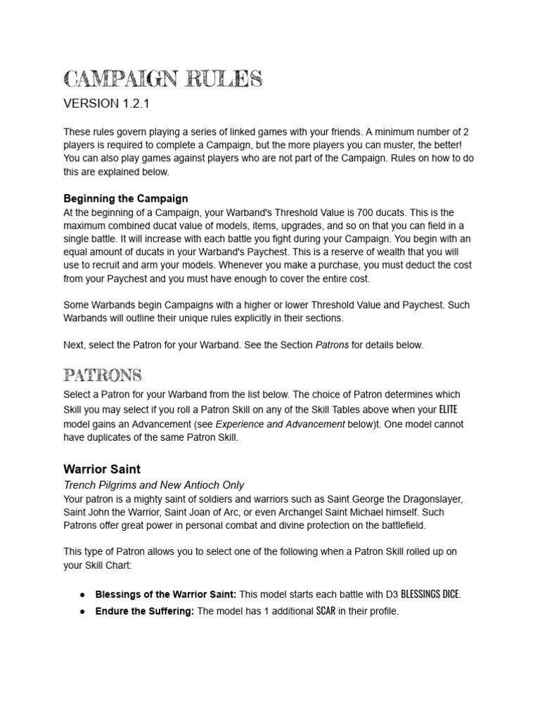 Trench Crusade Campaign Rules V1.2.1 | PDF