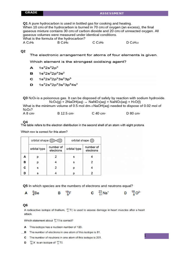 Assessment G12 Moles and Atomic Structure - 044050 | PDF