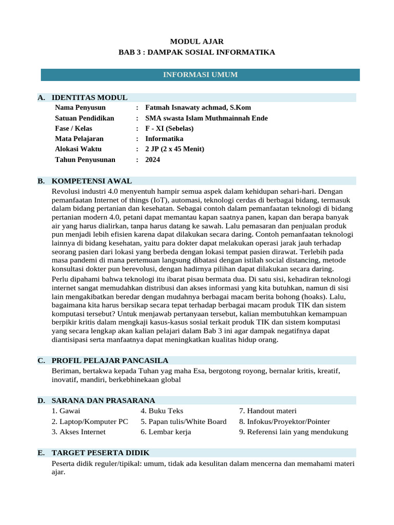 MODUL AJAR BAB 3. Dampak Sosial Informatika | PDF