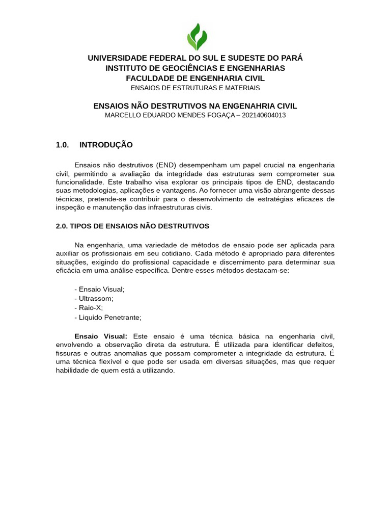 Ensaios Não Destrutivos - Ensaios de Estruturas e Materiais - Marcello Eduardo | PDF