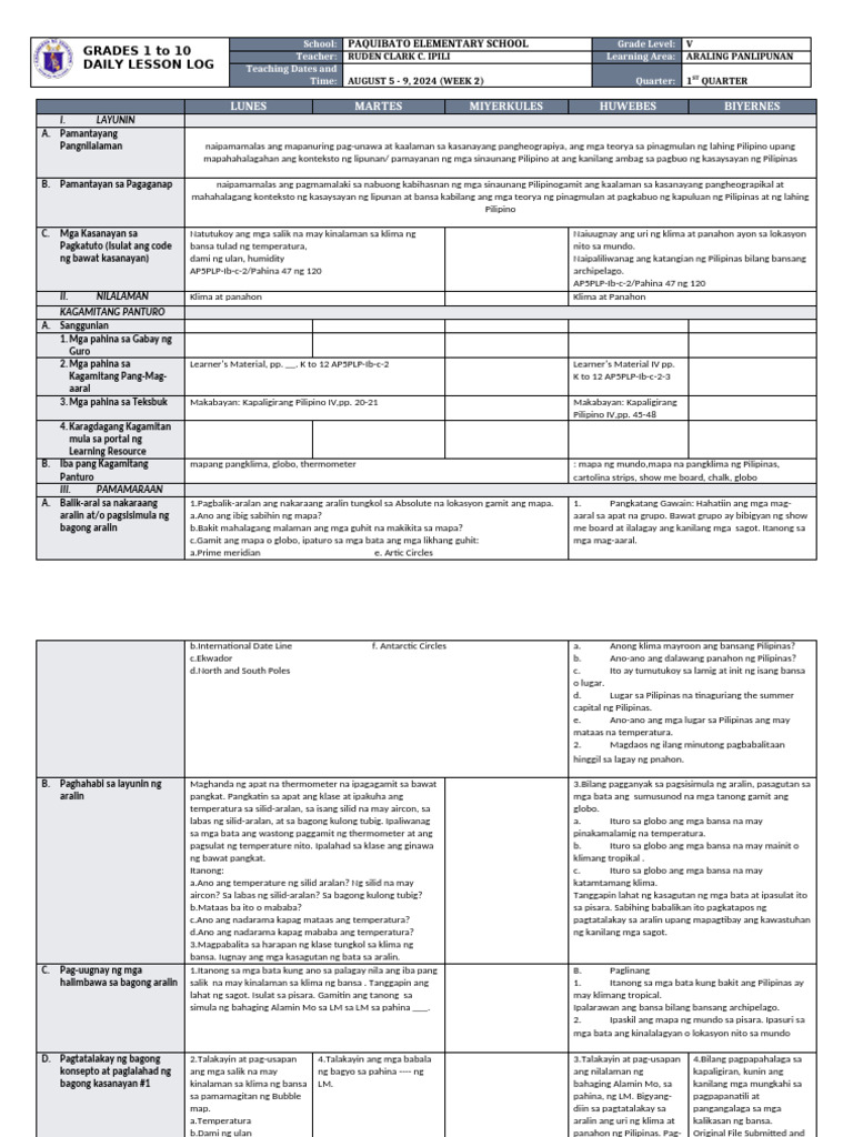 DLL - Araling Panlipunan 5 - Q1 - W2 | PDF