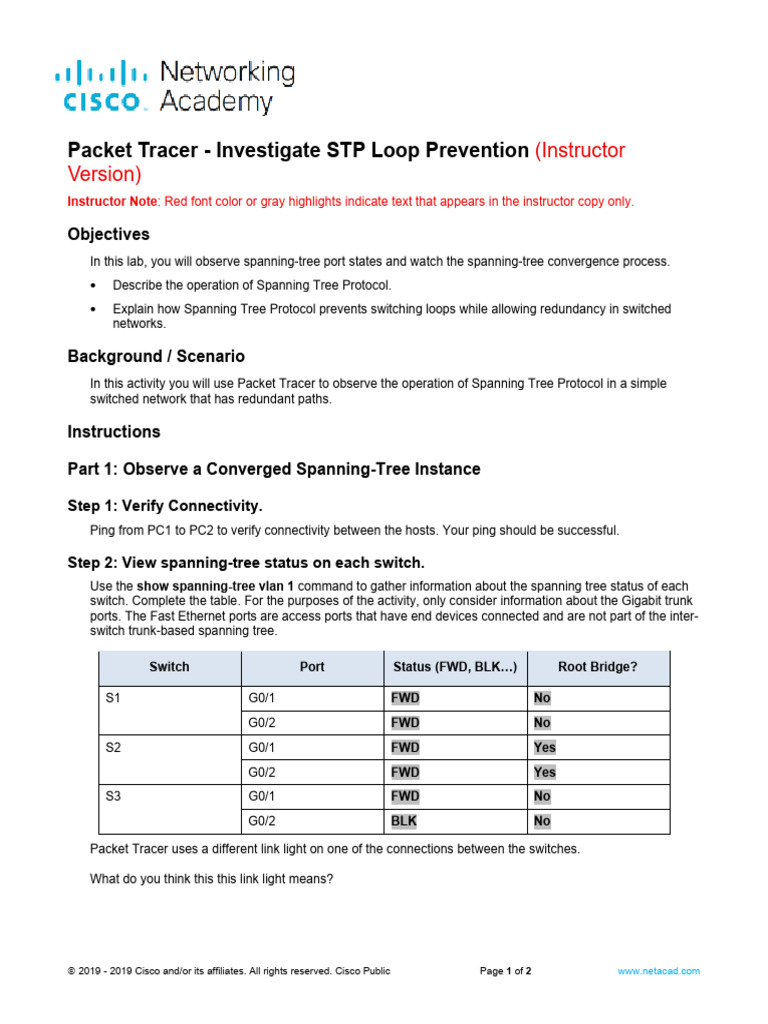 STP Loop Prevention Lab Guide | PDF | Telecommunications | Science & Mathematics