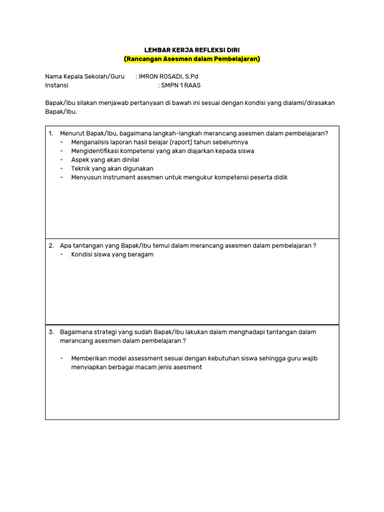 LK Refleksi Diri Asesmen Dalam Pembelajaran - IMRON ROSADI - SMPN 1 ...