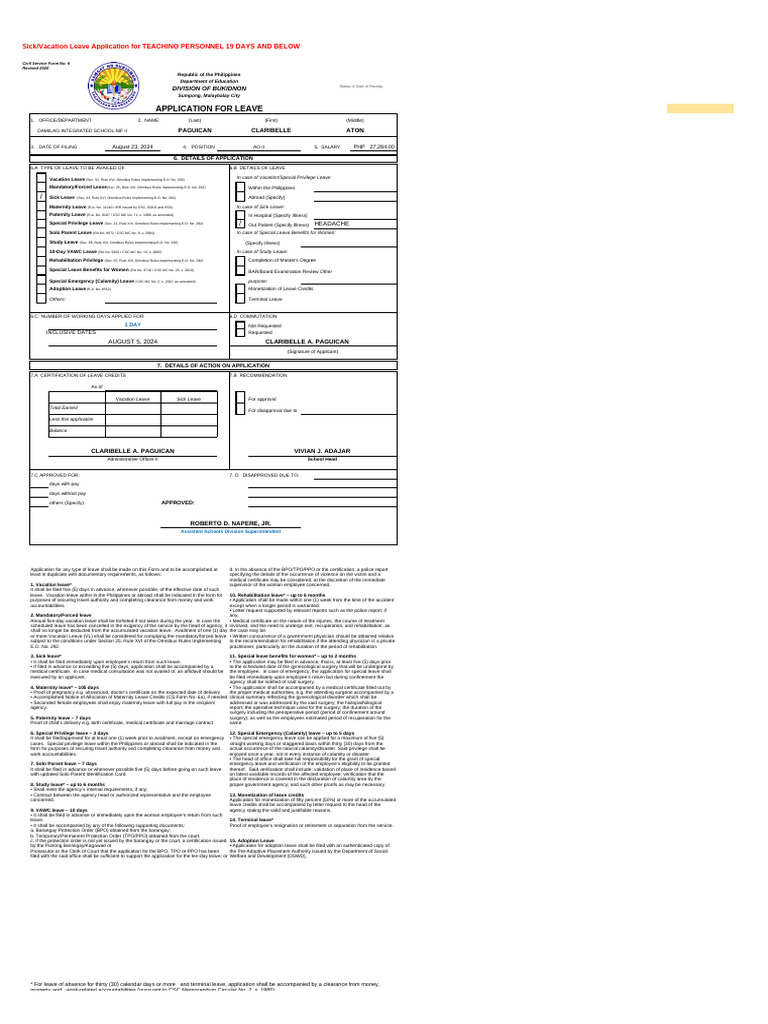 CSC Form 6 North Teaching 19 Days and Below | PDF