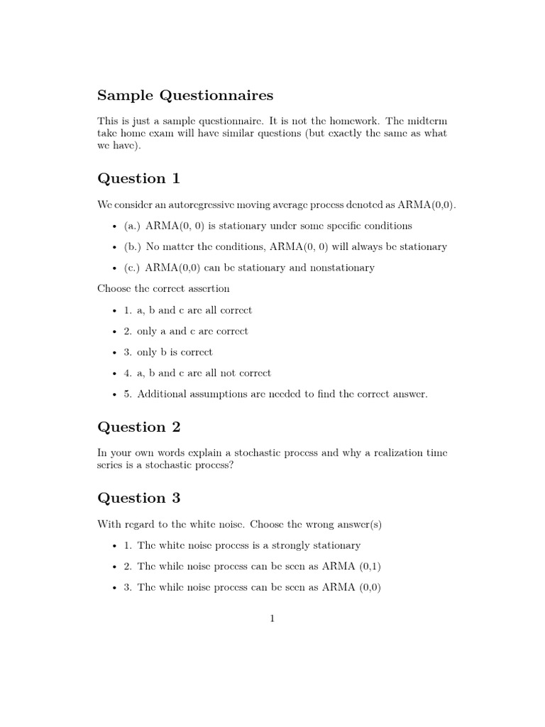 Time series analysis Sample Questionnaires | PDF