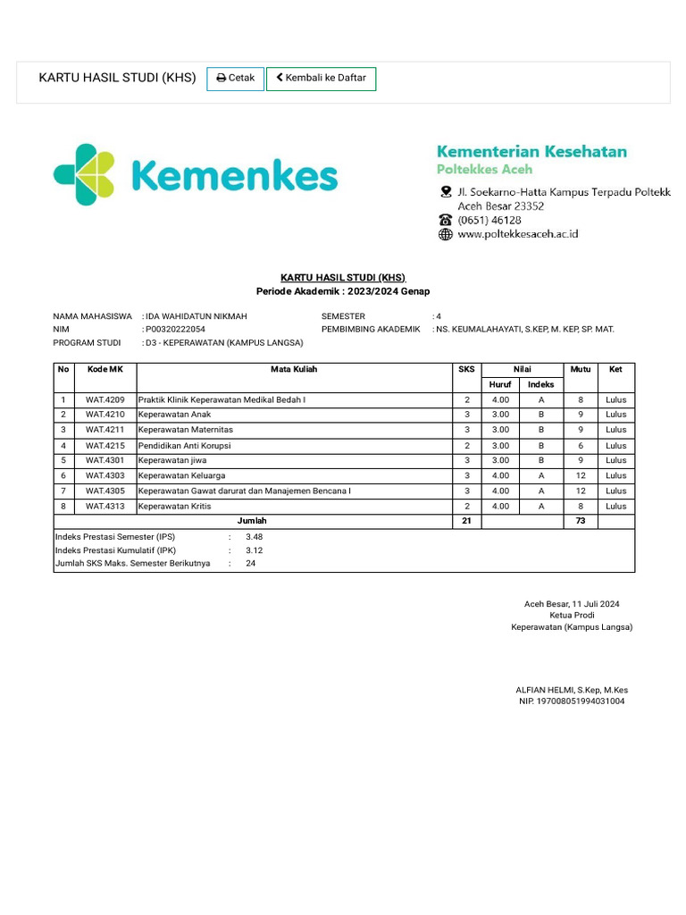 Kartu Hasil Studi (KHS) | PDF