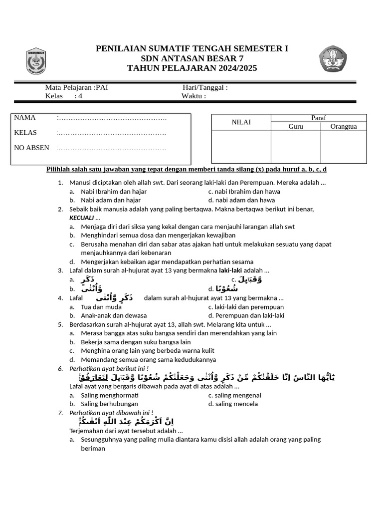 Soal Pai Kelas 4 Sts 1 | PDF